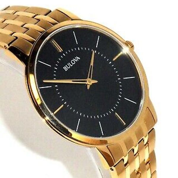 BULOVA MEN'S $375 SUPER THIN GOLD STAINLESS STEEL BLACK DIAL DRESS ...