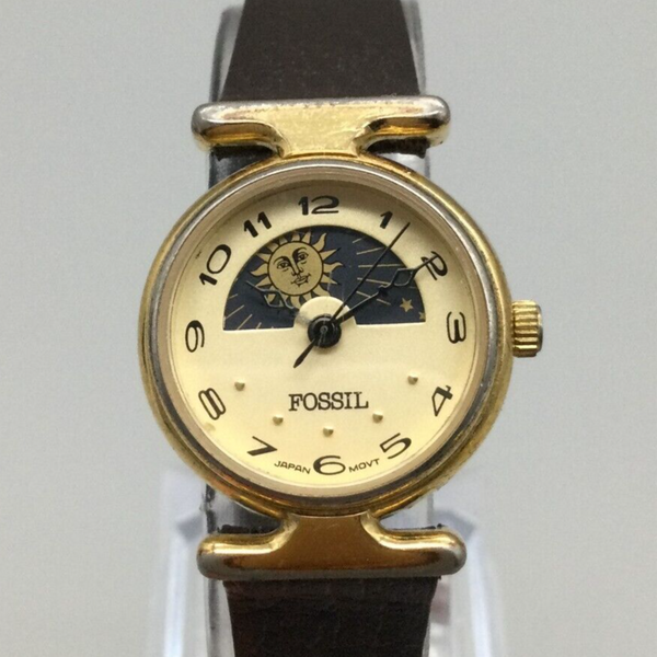 Vintage Fossil Watch Women 21mm Gold Tone Moon Phase Leather Band New ...