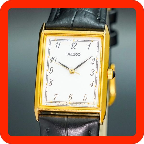 Vintage1986 [N-MINT] SEIKO V701-5E10 White Dial Gold Square Tank Shape ...
