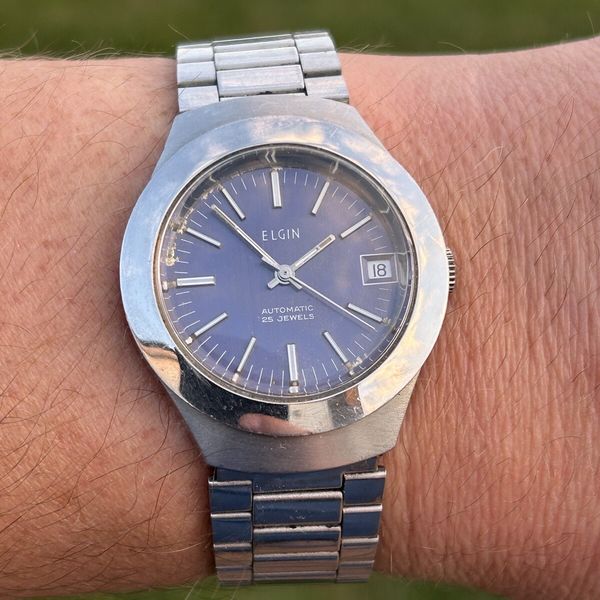 RUNS GREAT! Vintage Swiss ELGIN 25 Jewels Automatic Chunky Steel Case ...