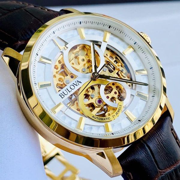 Bulova Classic White Skeleton Dial Brown Leather Strap Men's Watch ...