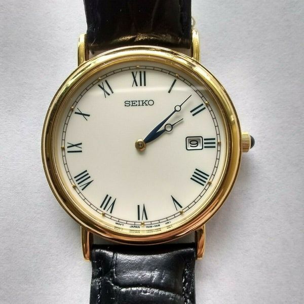 Men's Seiko 7N39-0A19 Gold Tone White Roman Numeral Dial Dress Watch ...