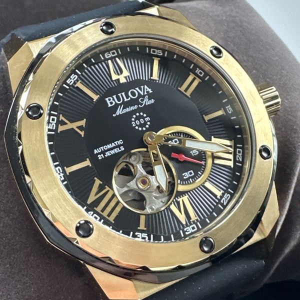 Bulova Men's Marine Star Automatic Luminous Black Silicon Watch 44 MM ...
