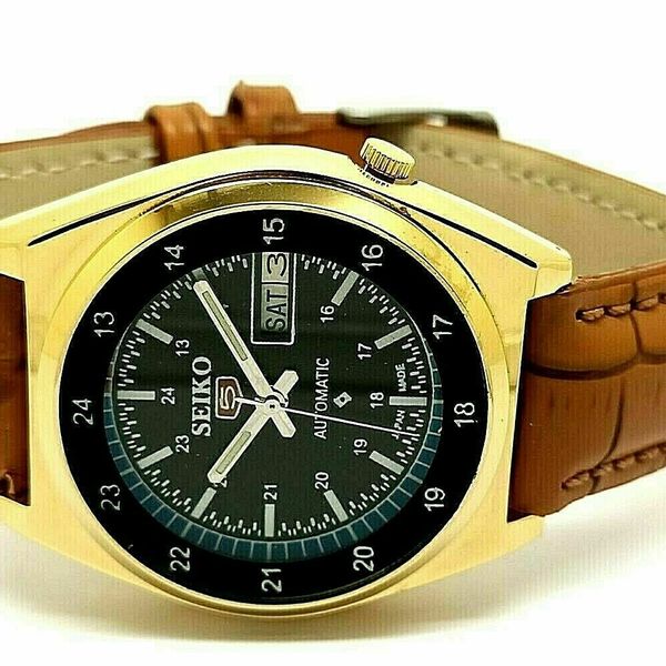 SEIKO 5 AUTOMATIC MEN BLACK GOLDEN LEAD PLATED VINTAGE MADE CALENDER ...