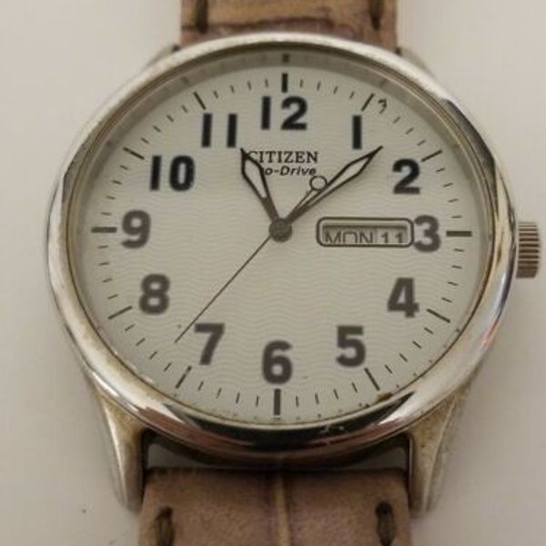 Men's Citizen Eco Drive E101 Tan Leather Band Day Date Watch Wristwatch ...