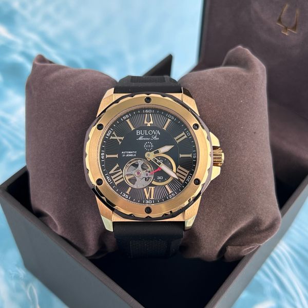 Bulova Marine Star 45mm Black Dial Rubber Strap 98A272 Men's Automatic ...