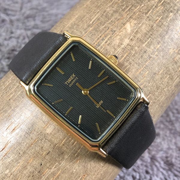 Vintage Timex BA Cell Men Dress Black Leather Tank Quartz Analog 26mm ...