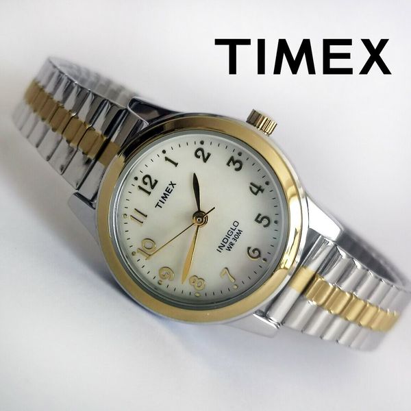 Timex T2M828 women's quartz watch mother of pearl dial duo tone ...