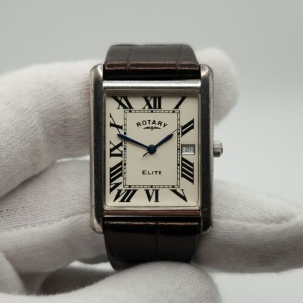 Rotary Elite "Tank" Men's Sterling Silver Case & Roman Numerals Quartz ...
