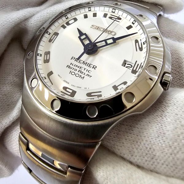 SEIKO Premier Kinetic Auto Relay 40mm White Dial Steel Men's Watch ...