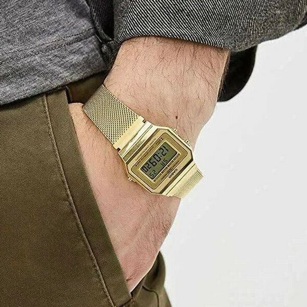 Casio A700 vintage digital watch slim gold case adjustable mesh ...