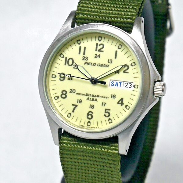 SEIKO ALBA FIELD GEAR Military Watch V743-8000 Full Luminous Dial Day ...