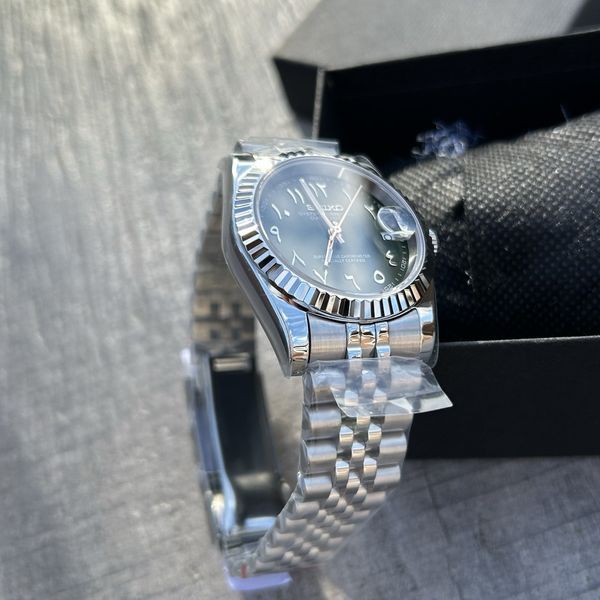 Seiko NH35 36mm Olive Green Arabic Dial Watch â Silver Stainless Steel ...