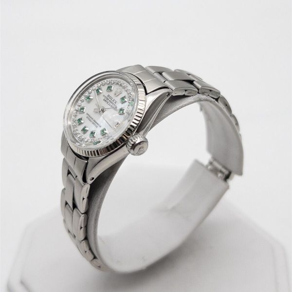 $9000 ROLEX DATEJUST MOP Emerald Diamond SS 18k White Gold Ladies Watch ...