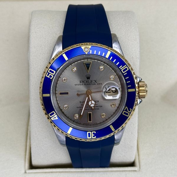 Rolex Submariner Date 40mm 16613 Silver Serti Dial Two-Tone Rubber ...