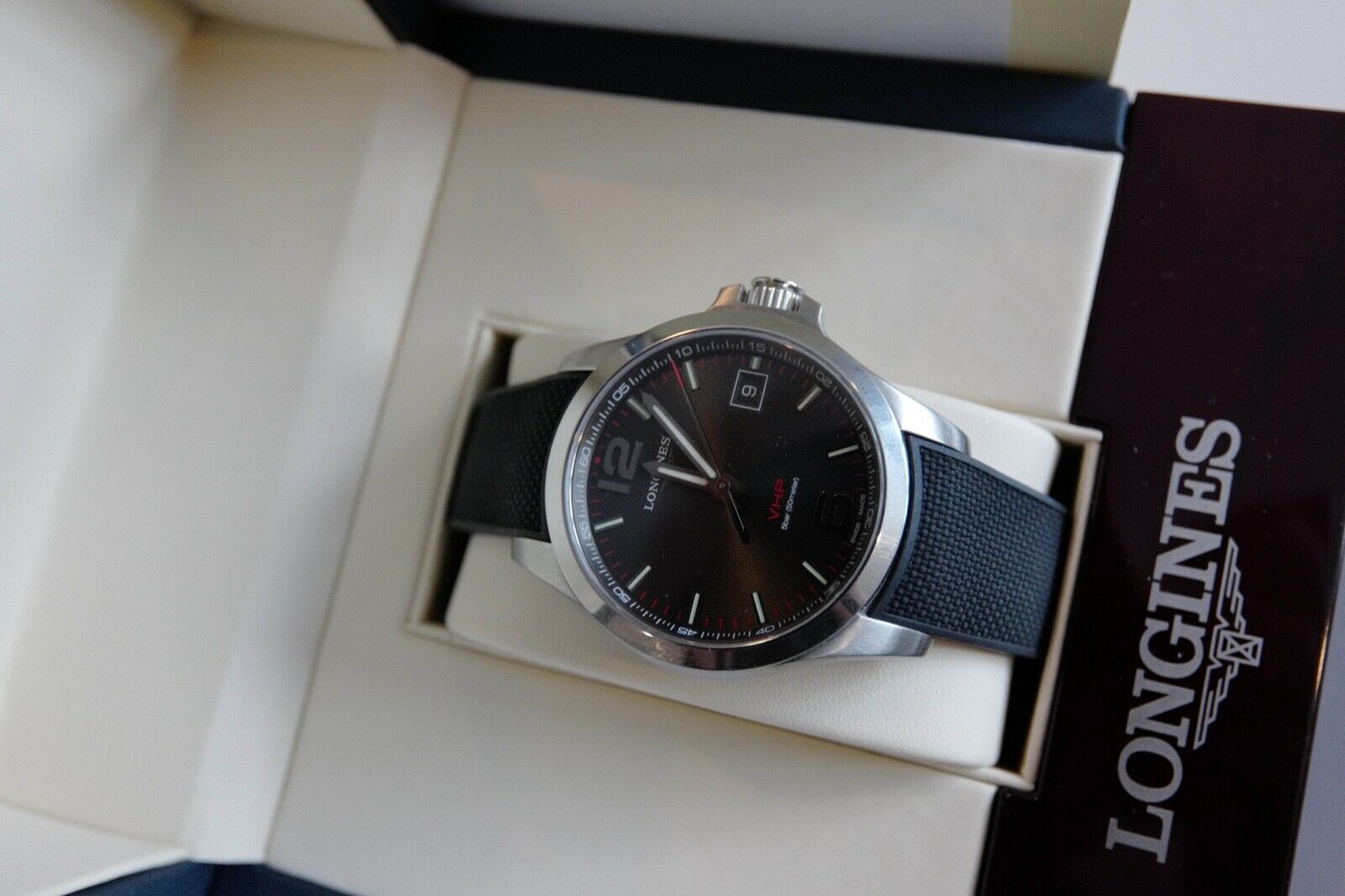 Longines Conquest VHP Black Dial Watch on Rubber Strap | WatchCharts ...