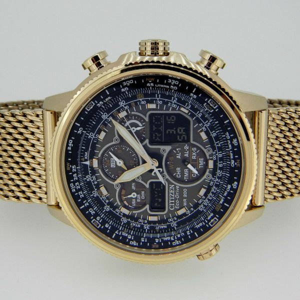 Citizen Navihawk A-T Black Dial Gold Tone Mesh Band Eco-Drive Watch ...
