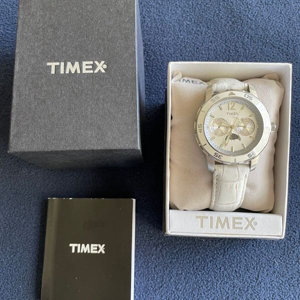 Ladies Timex Sun/Moon, Watch T2N080, White Leather Band, Original Box ...