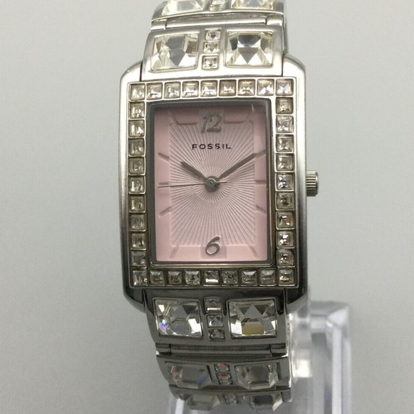 Fossil Watch Women Silver Tone Pink Dial Rhinestone Bling New Battery 6 ...