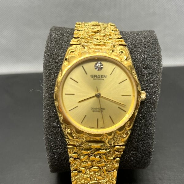 Vintage GRUEN Gold Nugget Diamond Quartz MENS WATCH Gold Face 32mm New ...