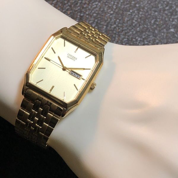 Vintage Citizen Menâ s Dress Watch Quartz Octagon Gold Tone W/Day ...