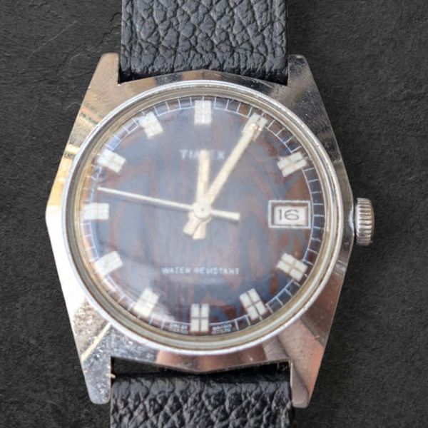 Timex Vintage Mens Watch 1970s Dark Blue Wood Effect Dial Working ...