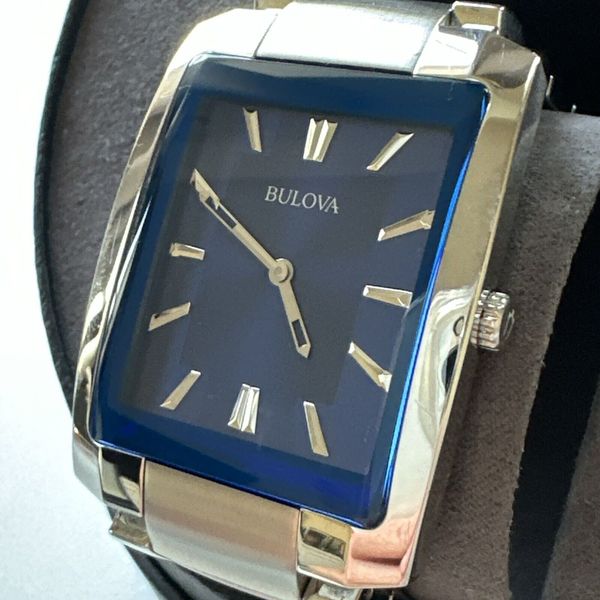 Bulova Men's Quartz Rectangular Silver-Tone Case Blue Dial 35 mm Watch ...