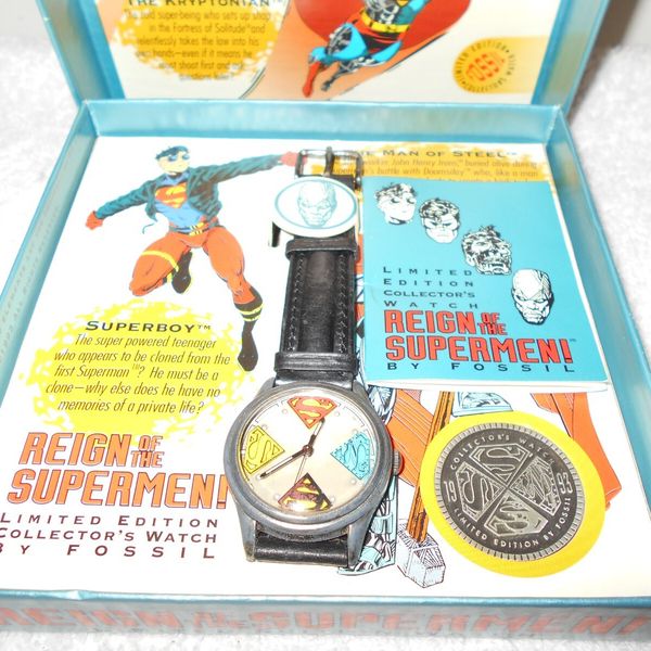 1993 VTG FOSSIL REIGN OF SUPERMAN MENS LEATHER BAND WATCH & COIN SET K1 ...