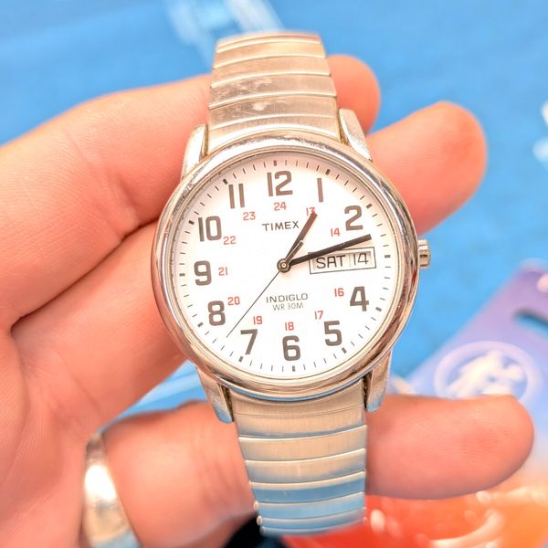 Mens timex day date white dial red 24 hour military time wrist watch ...