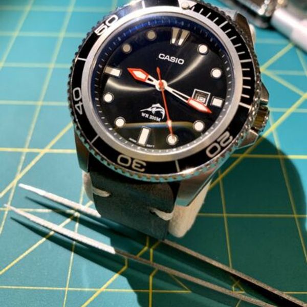 Casio Duro watch Mod, MDV-106 Diver. Double Dome Blue AR, Grey Leather ...