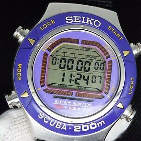 Vintage SEIKO Digital Watch S800-0010 DIVER SCUBA SCARCE PURPLE GREEN ...