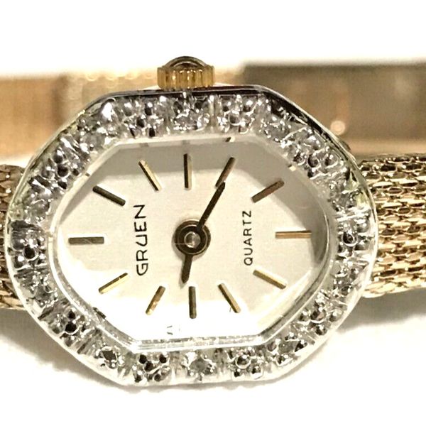 Vintage Gruen Quartz Genuine Diamonds Bezel Gold Plated Ladies Dress ...
