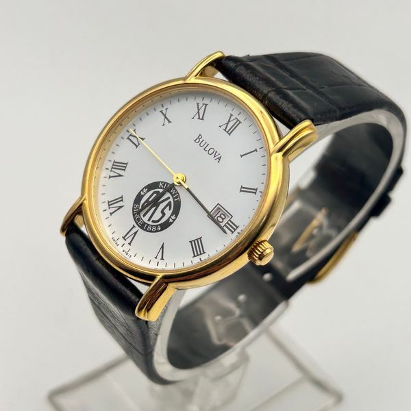 Bulova Kiewit Since 1884 Gold Tone Black Leather Watch Working New ...