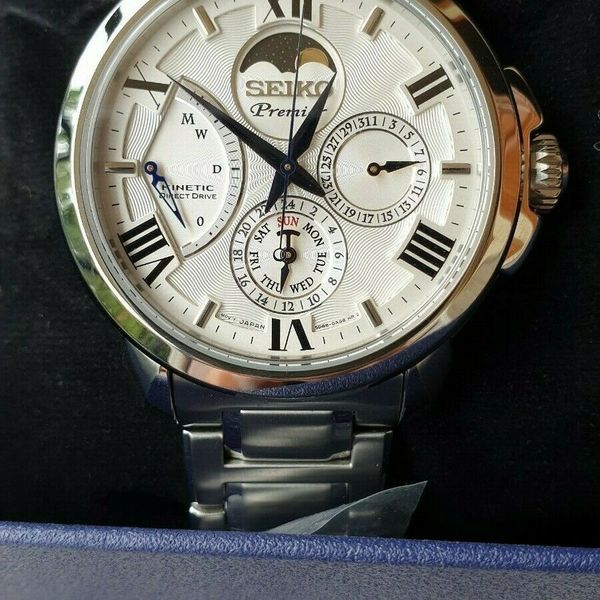 SEIKO Premier SRX015P1 5D88 Kinetic Direct Drive Moon Phase Steel Watch ...
