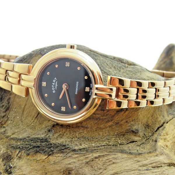 Rotary Diamonds Ladies 22mm Black Dial Rose Gold Tone Bracelet Watch ...