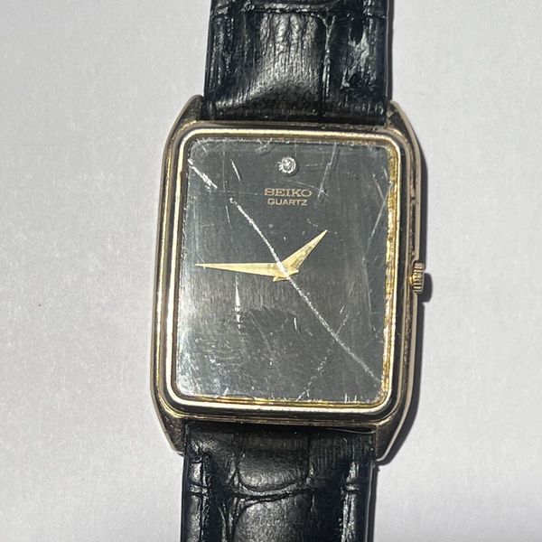 Seiko Menâ s Diamond Tank Watch 5Y30-5D59 Gold W/ Black Leather Strap ...