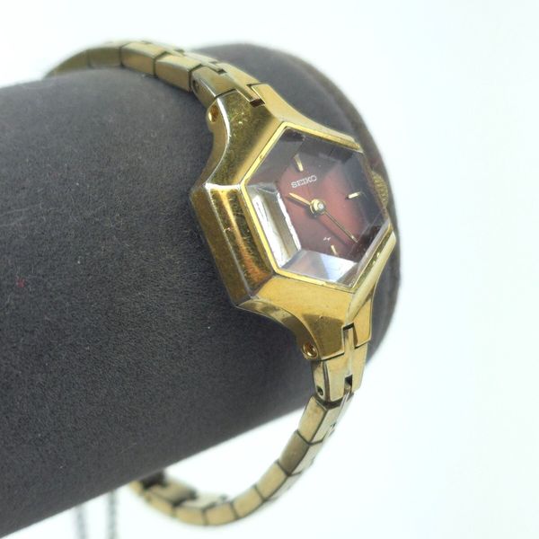 VTG Seiko Womens Gold Tone Hexagon Red Burgundy Dial Manual Wind Watch ...
