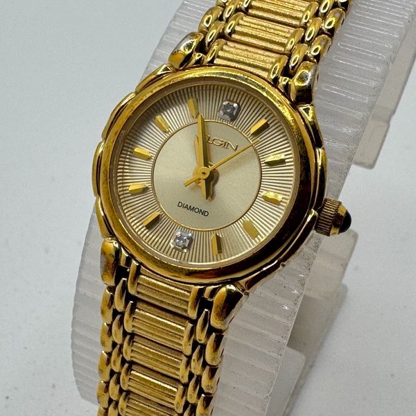 Vintage Elgin Quartz Watch Women 30m Gold Tone Diamonds Japan Analog ...