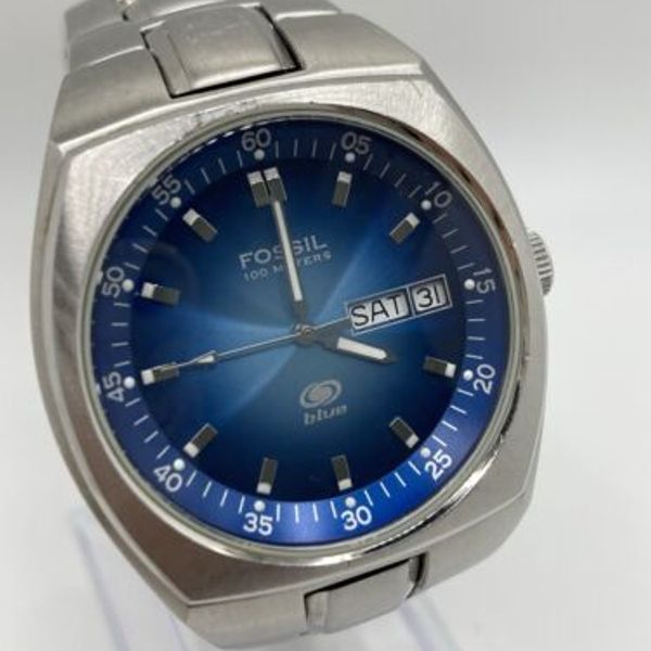 Vintage Fossil Blue Menâ s Date Dial Blue Dial Stainless Steel Quartz ...