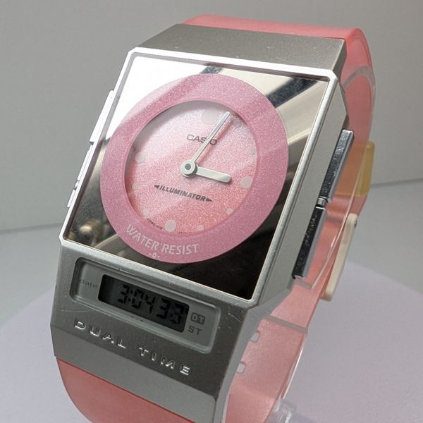 CASIO FS-01 Vintage Dual Time Square Pink Watch Modern Design Good ...