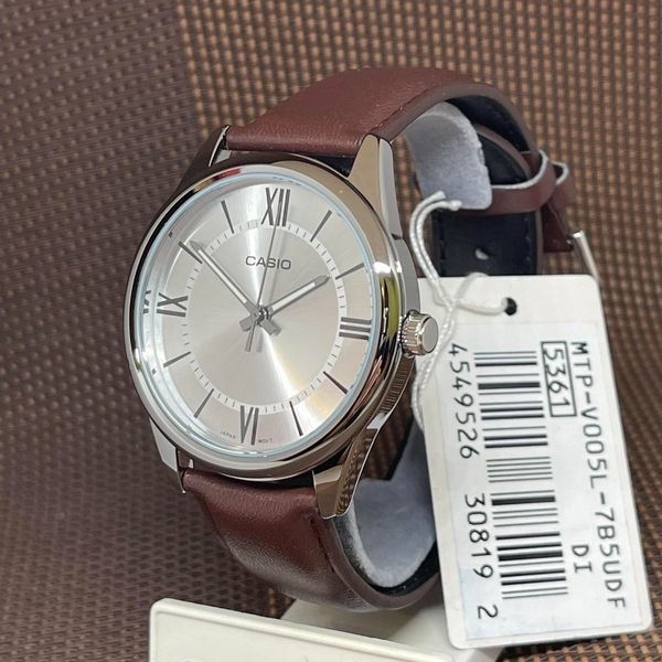 Casio MTP-V005L-7B5 Silver Dial Analog Roman Numeral Brown Leather Men ...