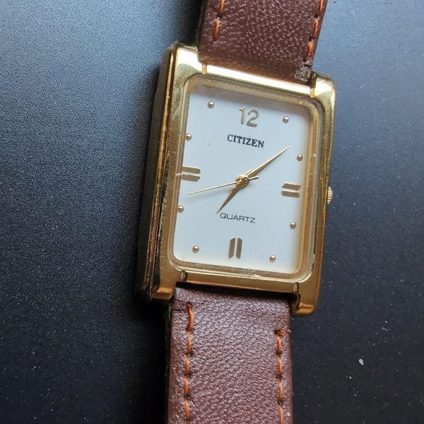 Citizen Square Quartz Watch Brown Leather Strap Gold Tone Stainless ...