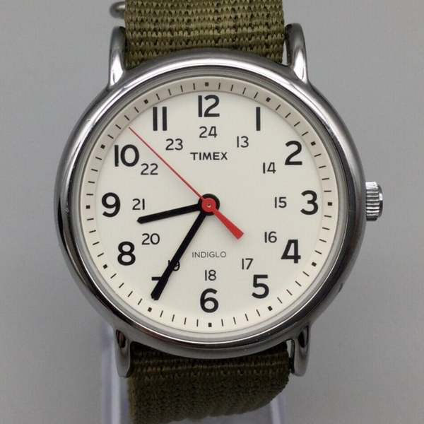 Timex Weekender Watch Men Silver Tone Round White Dial Green Band New ...