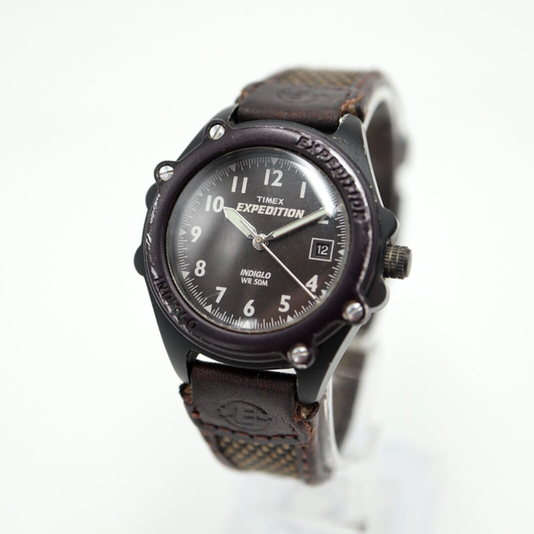 Vintage Timex Expedition Indiglo Watch 32mm Black Date Brown Canvas Leather | WatchCharts ...
