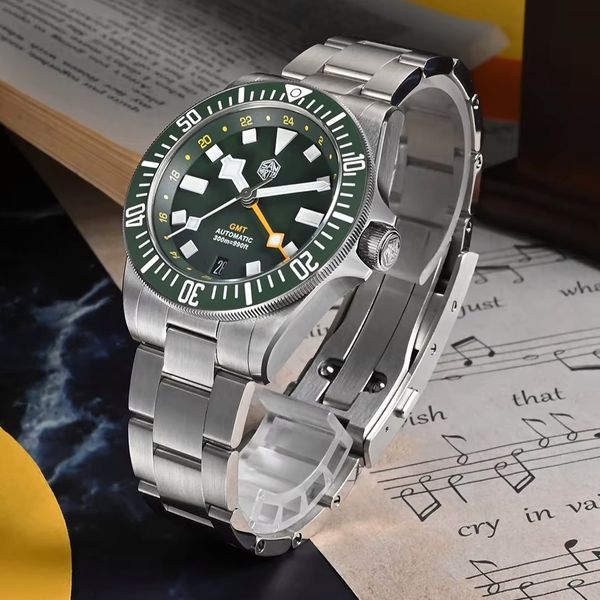 San Martin Pelagos 39mm SN0121B Titanium NH34 GMT Green Automatic Watch ...