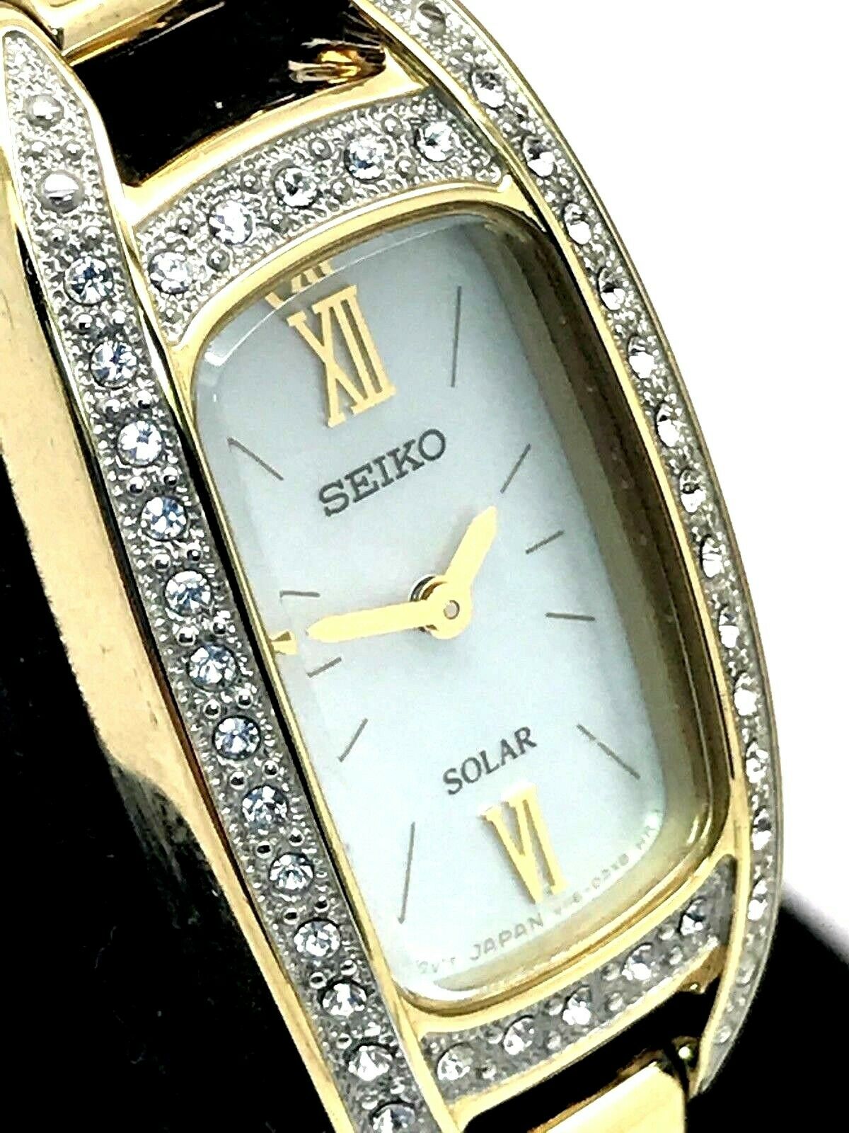 Seiko Solar Ladies Swarovski Crystals MOP Gold Tone Stainless Steel ...