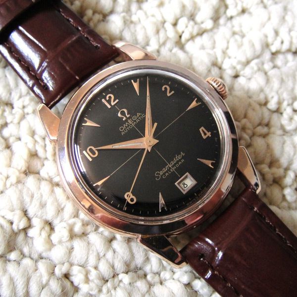Rare Solid 14K Pink Gold Omega Seamaster Auto Date at 6 Black Dial Men ...