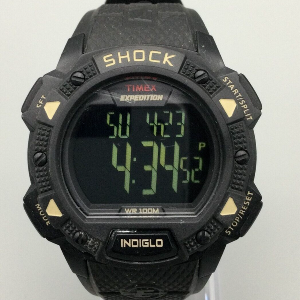 Timex Expedition Shock Watch Men Black Dial Day Date 47mm Indiglo 100M ...