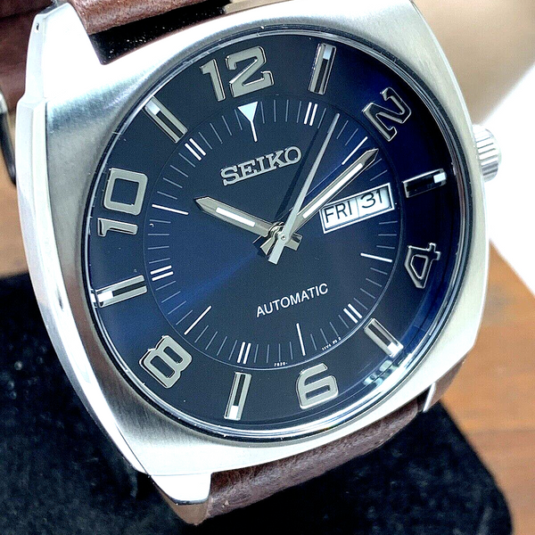Seiko Men's Watch SNKN37 Recraft Automatic Blue Dial Day Date Brown ...