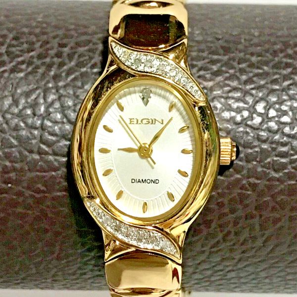 Vintage Elgin Quartz Genuine Diamonds Bezel Gold Plated Ladies Dress ...